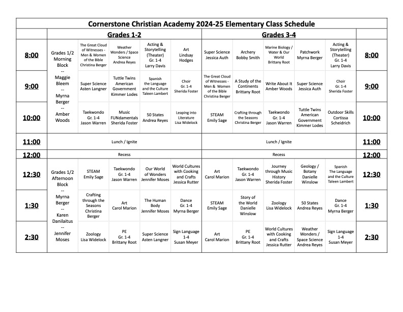 Class Schedule – Cornerstone Christian Academy