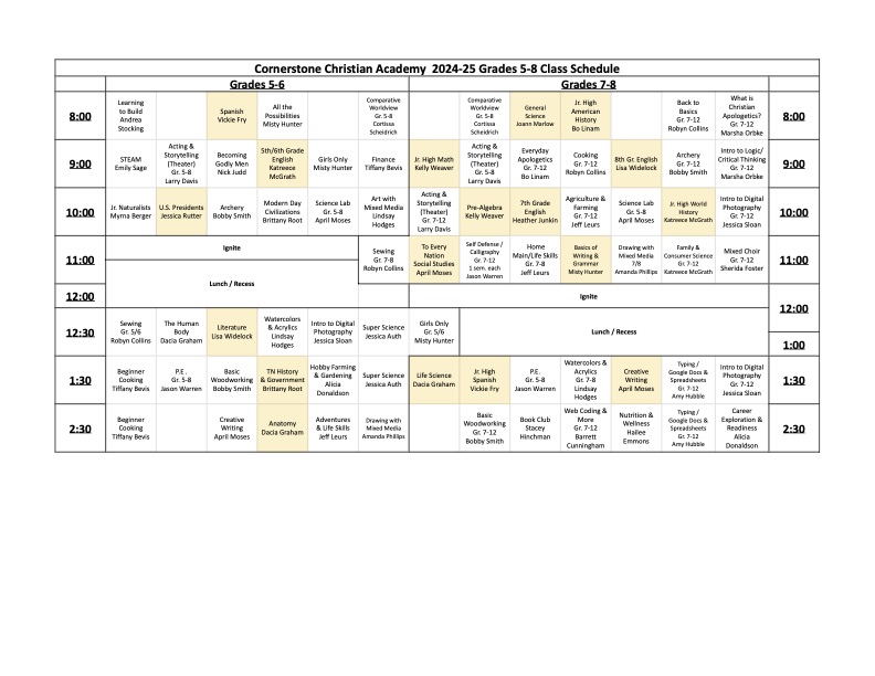 Class Schedule – Cornerstone Christian Academy