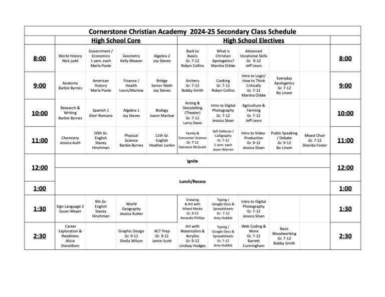 Class Schedule – Cornerstone Christian Academy