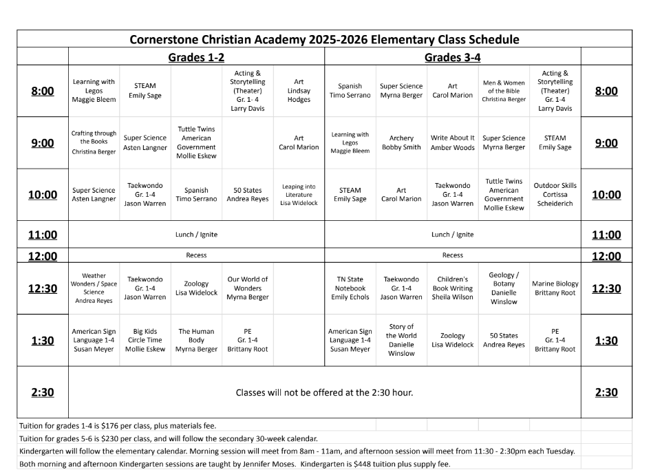 Class Schedule – Cornerstone Christian Academy