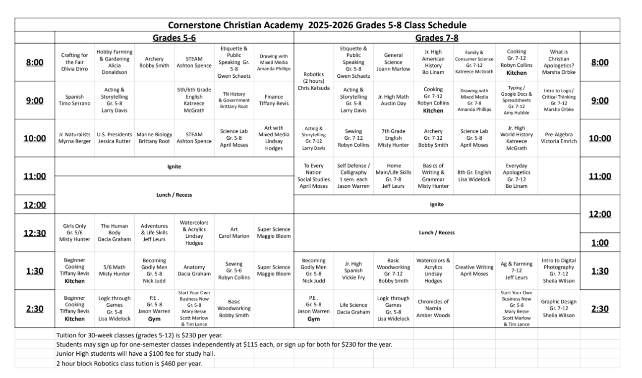 Class Schedule – Cornerstone Christian Academy